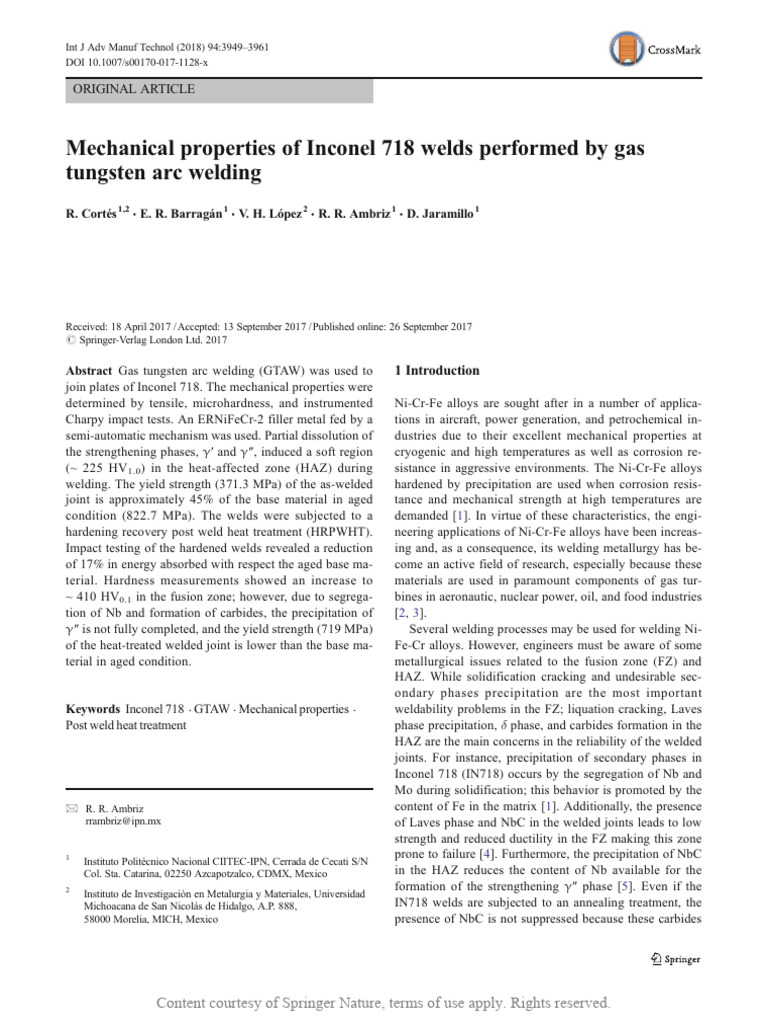 Inconel 718 GTAW Weld Mechanical Properties | PDF | Deformation ...
