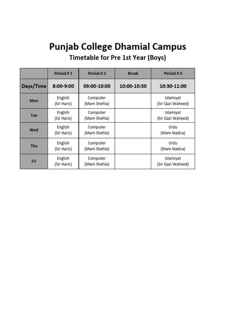 Time Table For Pre First Year 2024 (2nd) | PDF