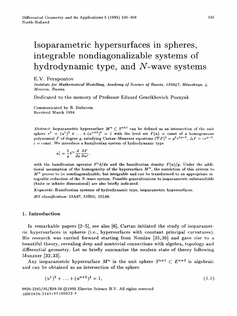 Isoparametric Hypersurfaces in Spheres, Integrable Nondiagonalizable Systems of Hydrodynamic ...