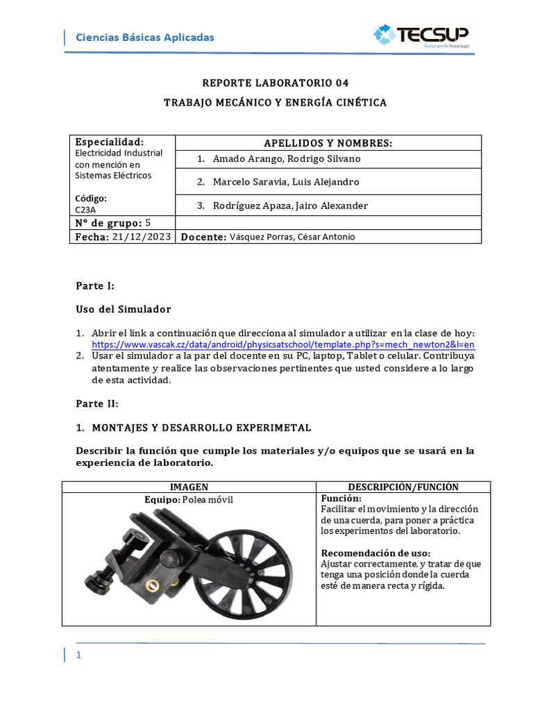 Reporte de Trabajo y Energia Cinetica | PDF | Medición | Energía cinética