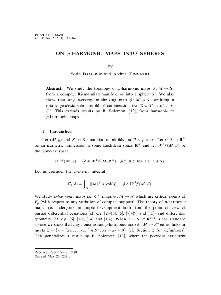 ON p-HARMONIC MAPS INTO SPHERES - Sorin Dragomir | PDF | Manifold | Mathematical Concepts