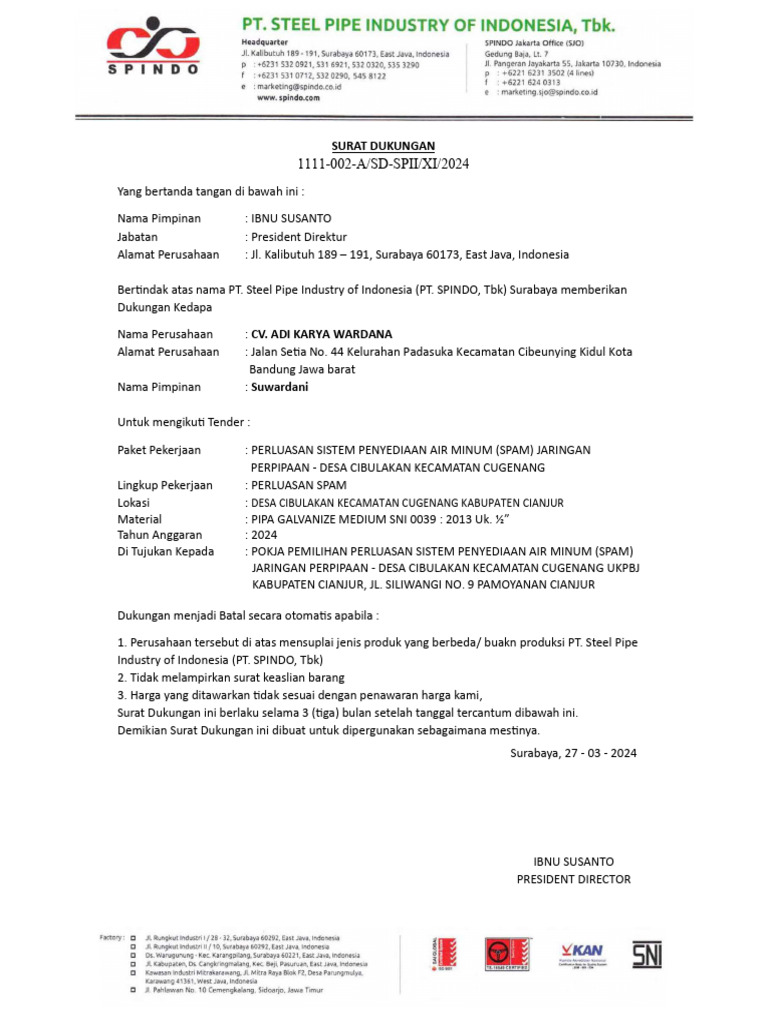 SURAT DUKUNGAN Spindo | PDF