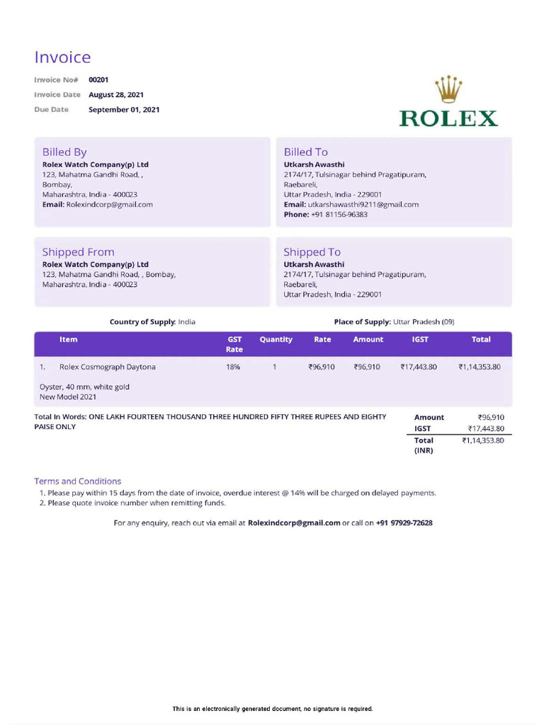 Rolex Watch Bill | PDF