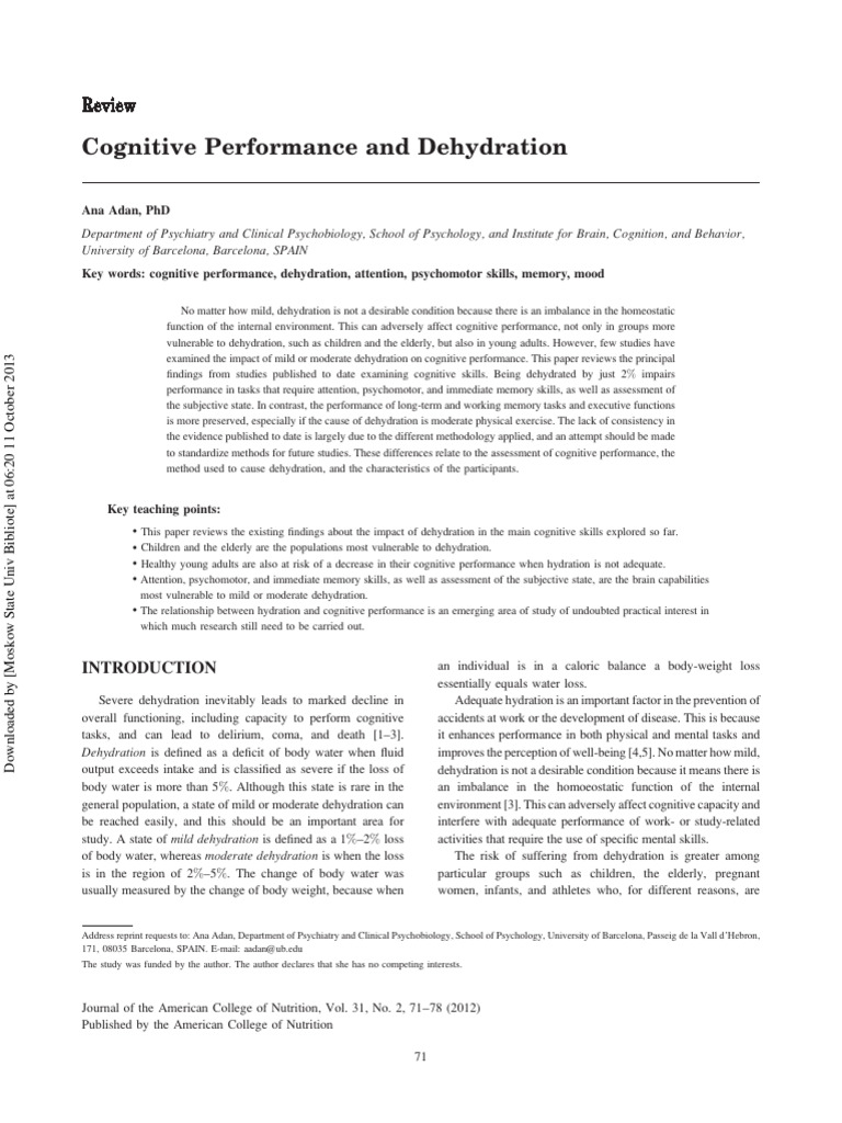 Cognitive Impact of Dehydration | PDF | Dehydration | Memory