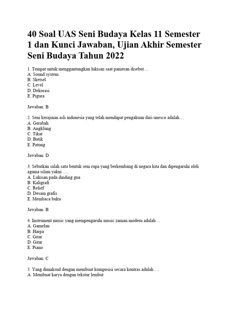 40 Soal UAS Seni Budaya Kelas 11 Semester 1 Dan Kunci Jawaban | PDF | Seni & Disiplin Bahasa | Seni