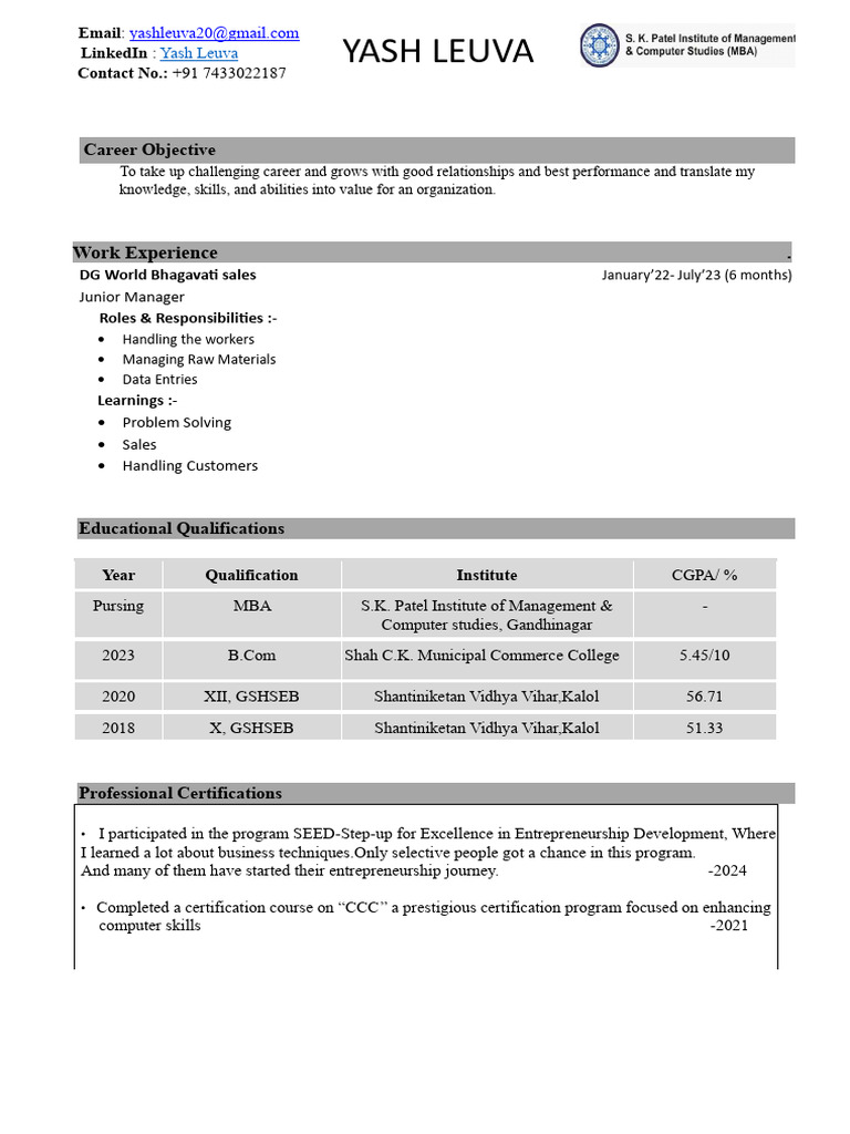 YASH LEUVA SV5 CV | PDF