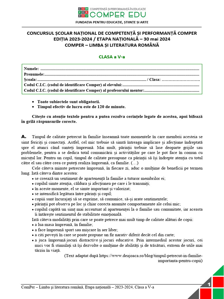 Subiect Comper Romana EtapaN 2023 2024 Clasav | PDF