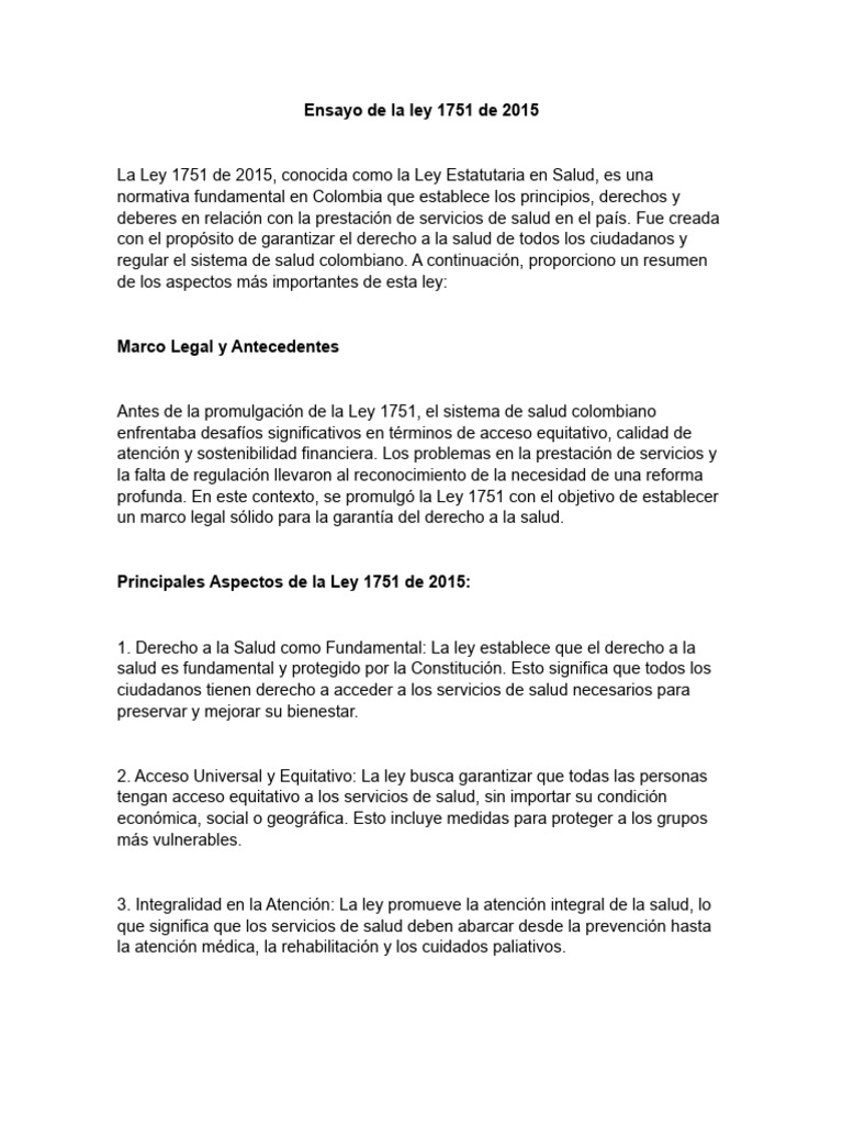Ensayo de Ley 1751 | PDF | Sistema de salud | Calidad (comercial)