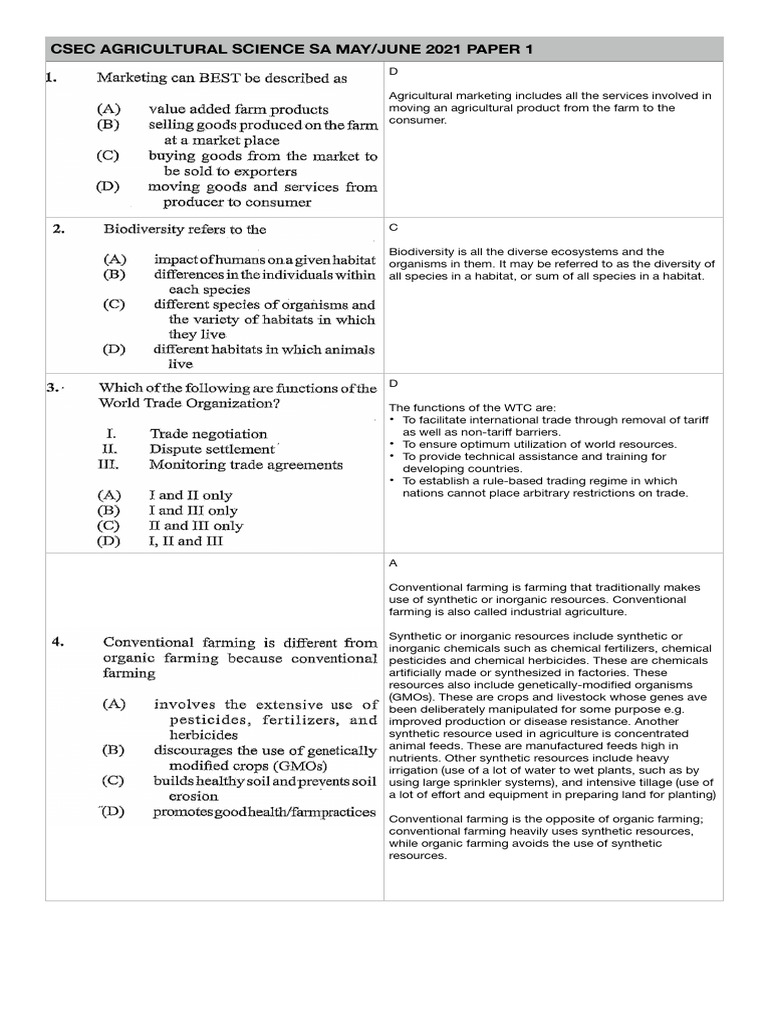 CSEC Agri Science P1s Solutions-1 | PDF | Genotype | Agriculture