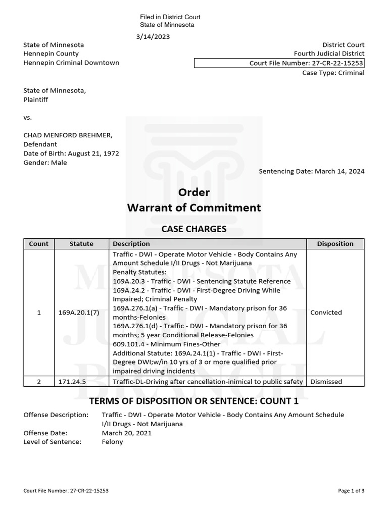 MCRO - 27-CR-22-15253 - Sentencing Order - 2024-03-14 - 20240322140851 | PDF | Driving Under The ...