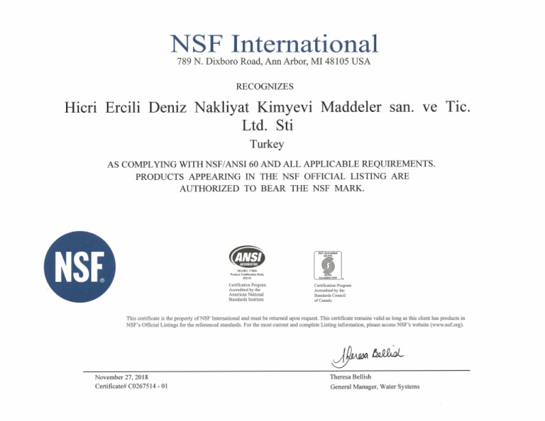 NSF Certificate | PDF