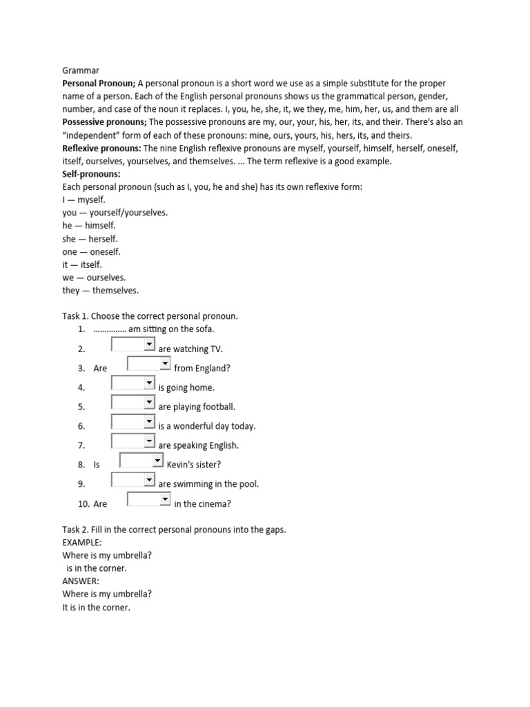 English Pronouns: Types and Exercises | PDF | Pronoun | Syntactic ...
