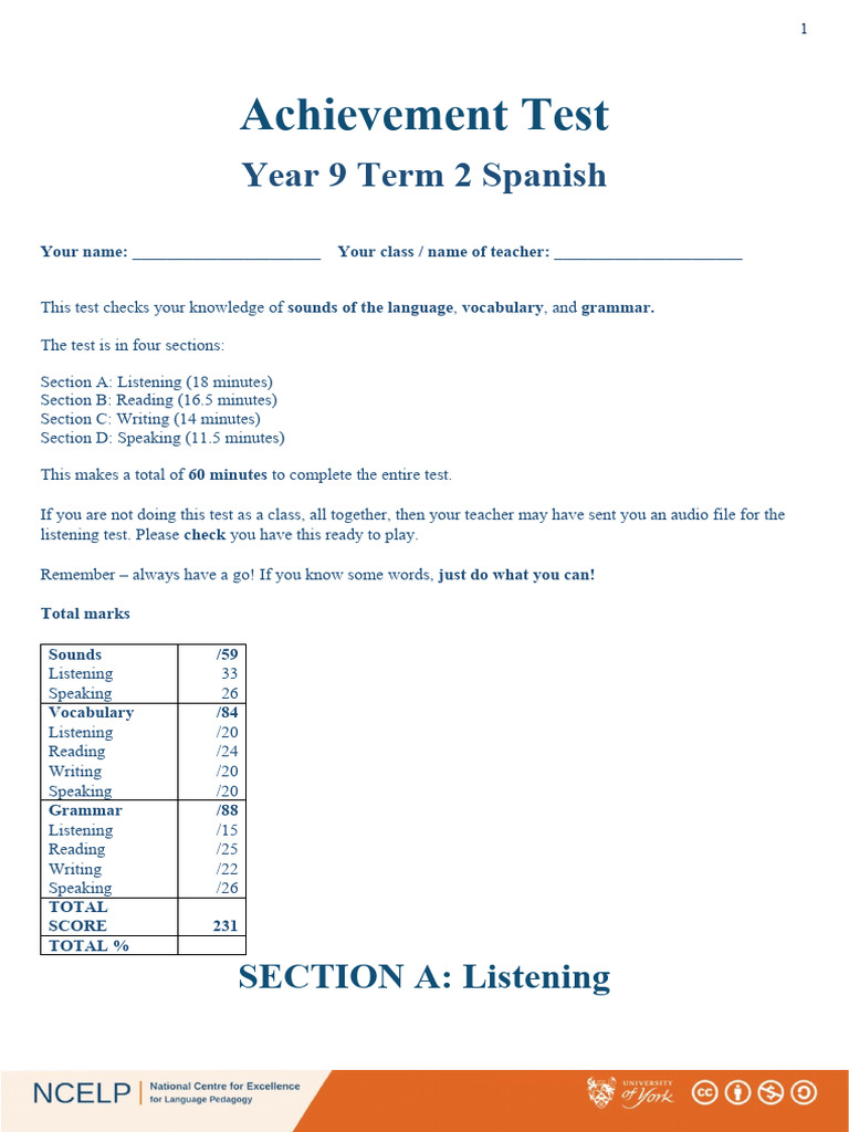ws859h29m-Sp SOW Y9 T2 Achievement Test Question Paper | PDF | Spanish ...