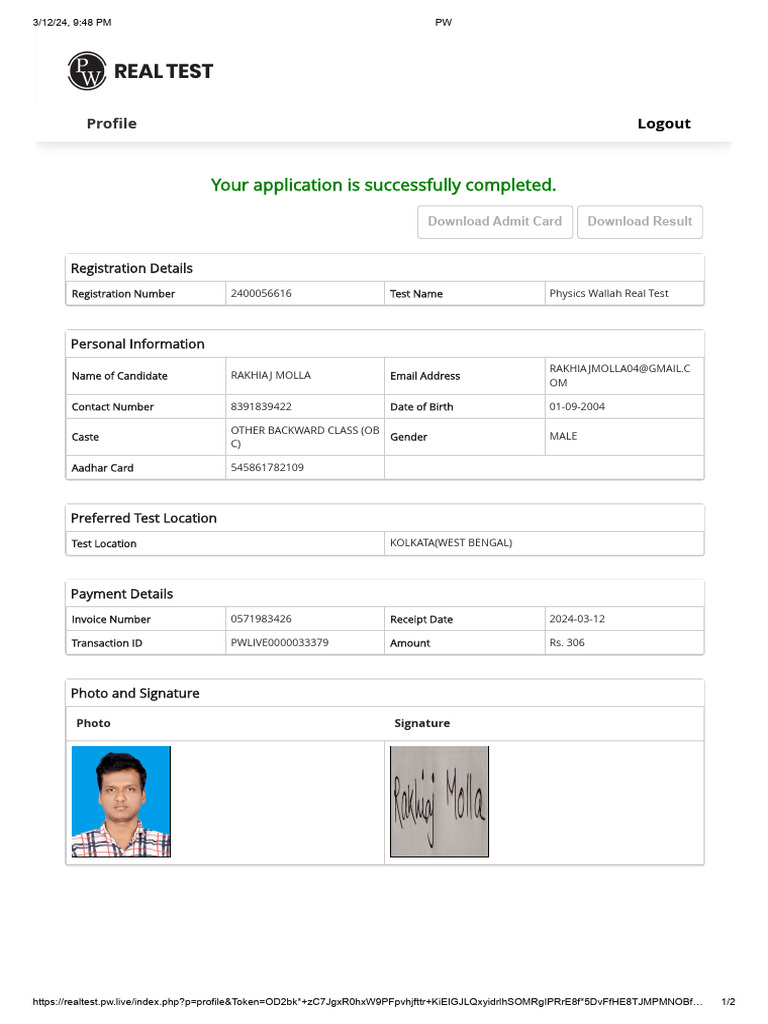 Your Application Is Successfully Completed.: Profile | PDF