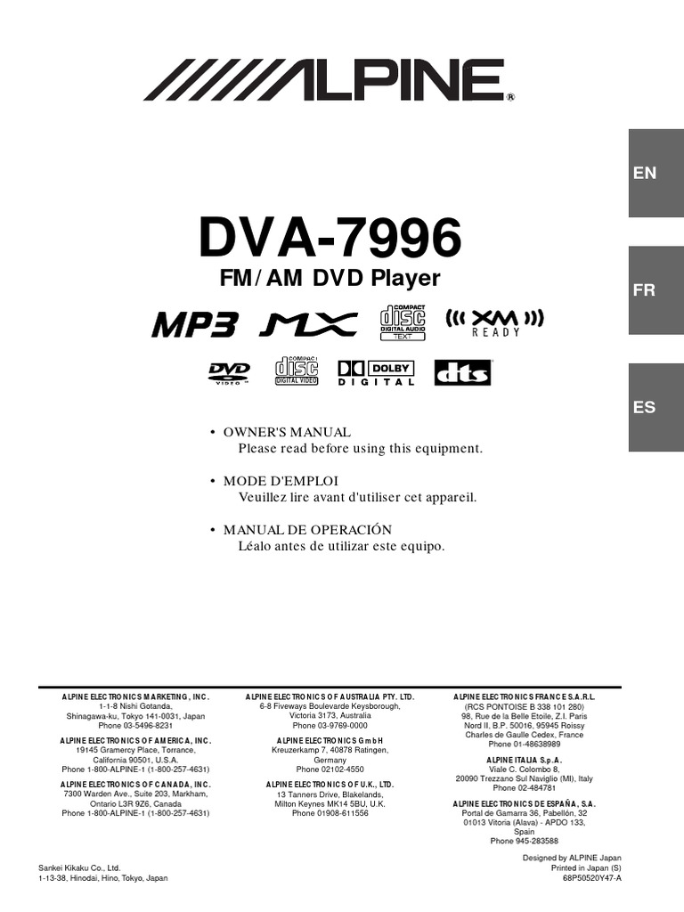 Alpine DVA-7996 Owner's Manual | PDF | Compact Disc | Dvd