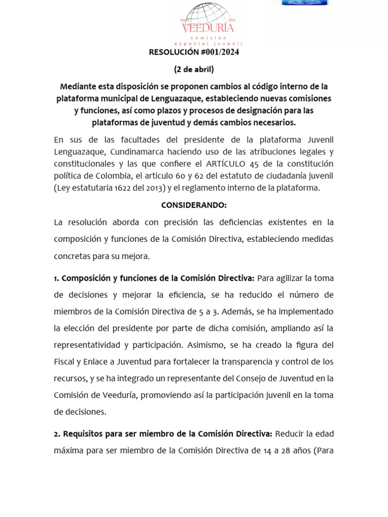 Resolución 01-2024 Cambios Al Código Interno de La Plataforma Municipal de Juventud Lenguazaque ...