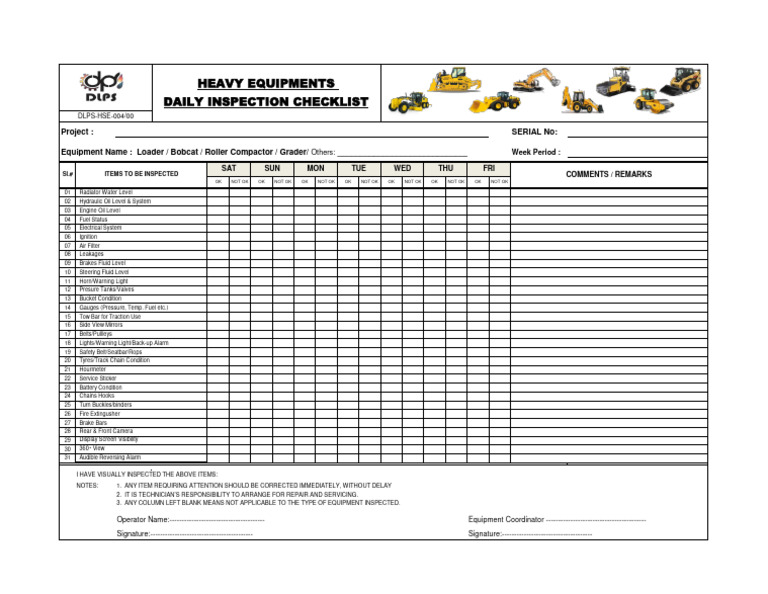 Heavy Equipment Daily Inspection Checklist | PDF | Heavy Equipment | Vehicles