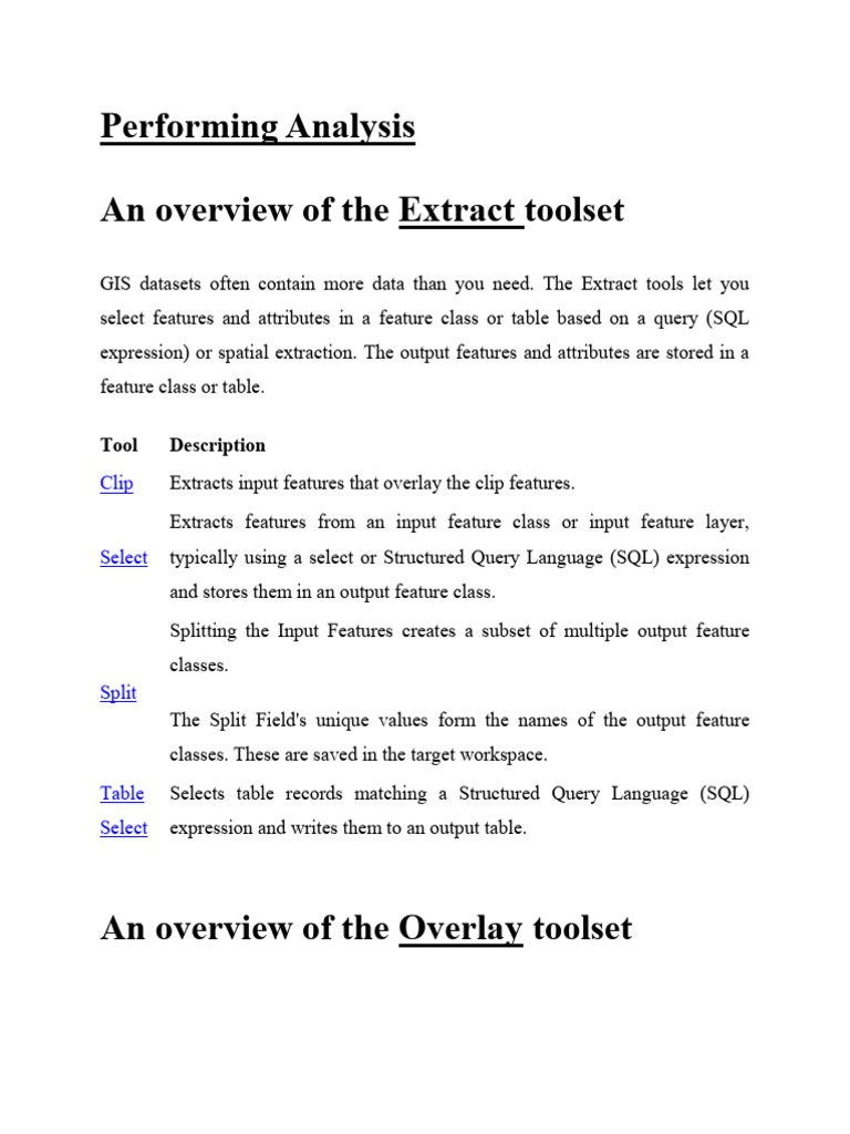 Performing Analysis An Overview of The Extract Toolset | PDF | Geographic Information System | Sql