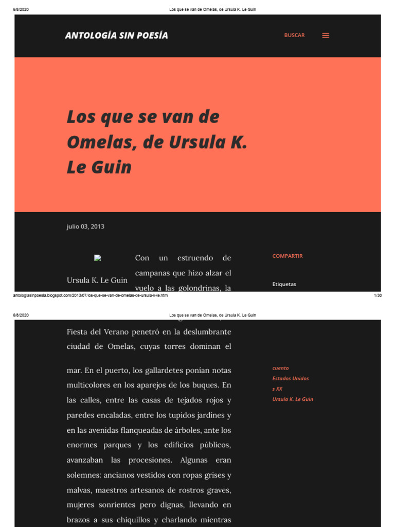 Los Que Se Van de Omelas, de Ursula K. Le Guin | PDF