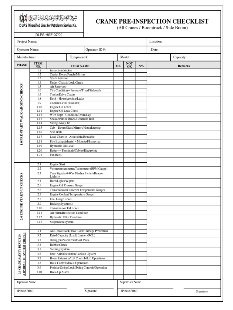 Crane Pre-Inspection Checklist | PDF | Crane (Machine) | Elevator