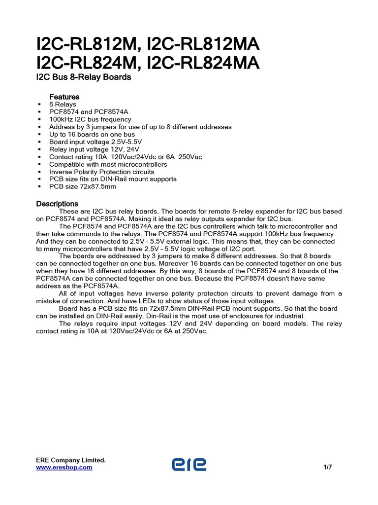 I2C-RL8xxM SHEET | PDF | Relay | Power Supply