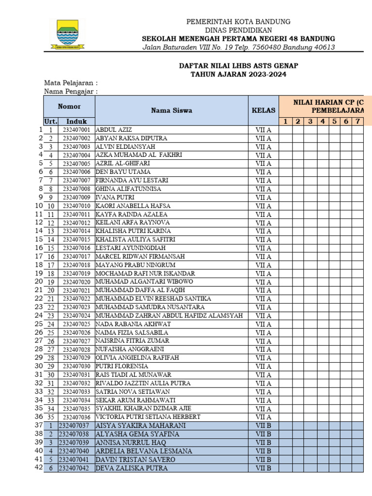 Format Nilai Lhbs Asts Genap Dan To Ta 2023 2024 | PDF