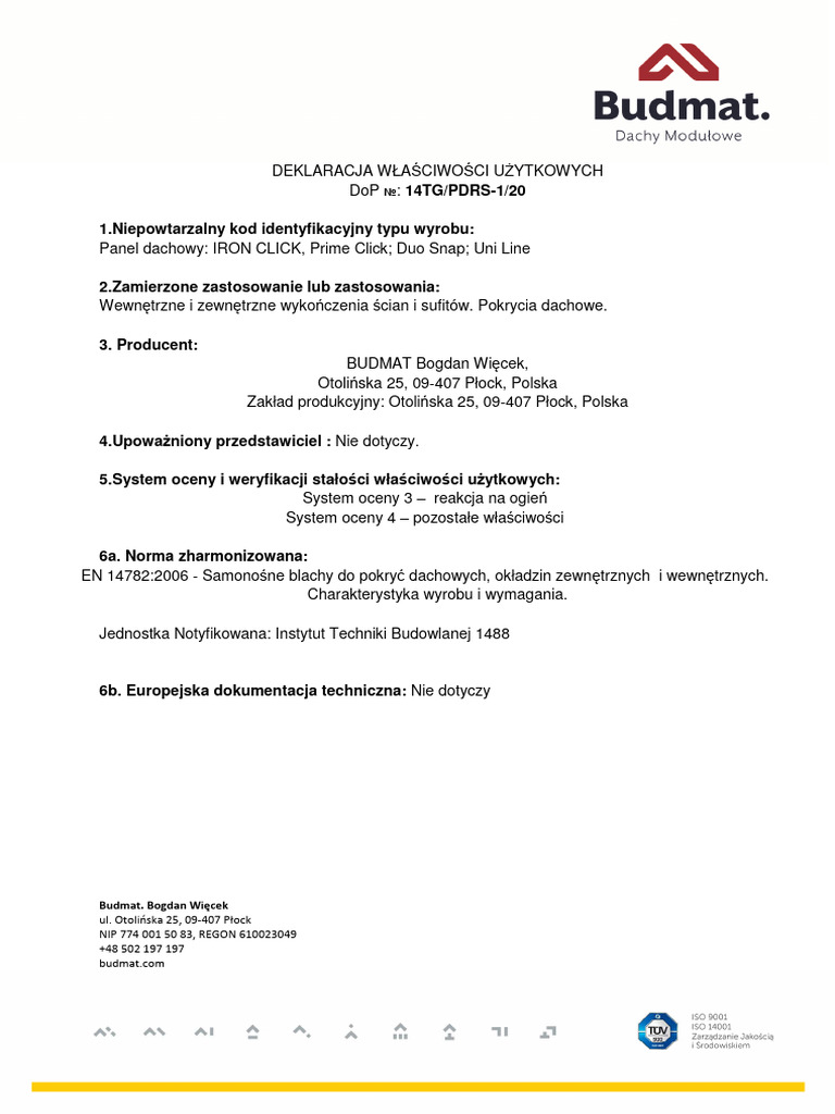 Deklaracja Wlasciwosci Uzytkowych Panele Na Rabek Stojacy 571 | PDF