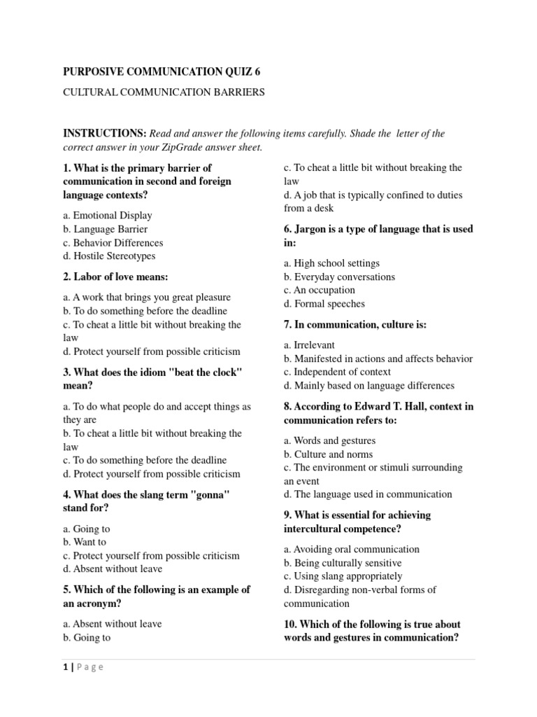 Cultural Communication Quiz | PDF | Communication | Nonverbal Communication