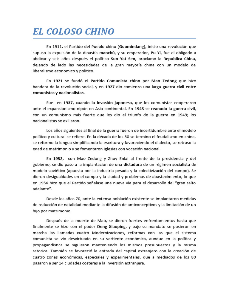 RESUMEN DEL COLOSO CHINO (1) | Descargar gratis PDF | Deng Xiaoping | China