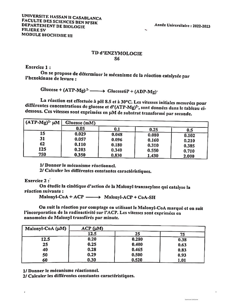 Série D'enzymologie S6 2022-2023 | PDF