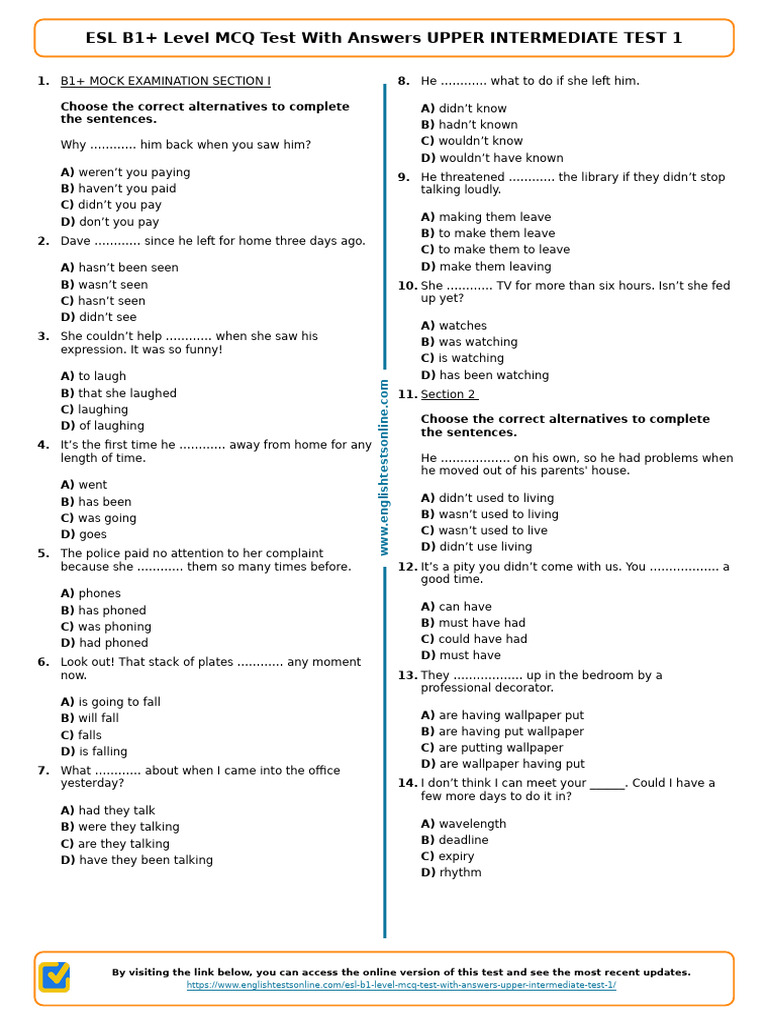B1+ Upper Intermediate Test PDF | PDF