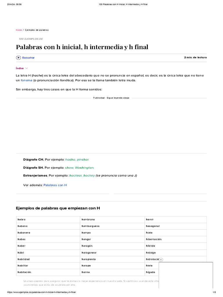 100 Palabras Con H Inicial, H Intermedia y H Final | PDF | Lingüística