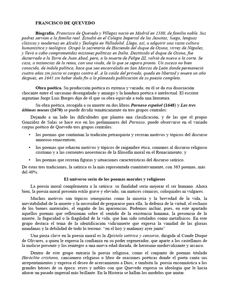 Biografía y poesía de Francisco Quevedo | PDF
