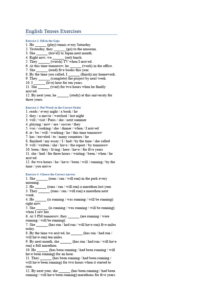 English Tenses Exercises Worksheet | PDF