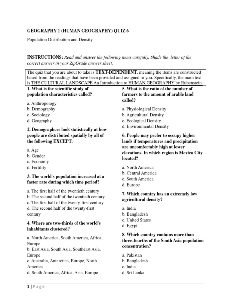 HUMAN GEOG - Quiz 6 - Population Distribution and Density | PDF ...