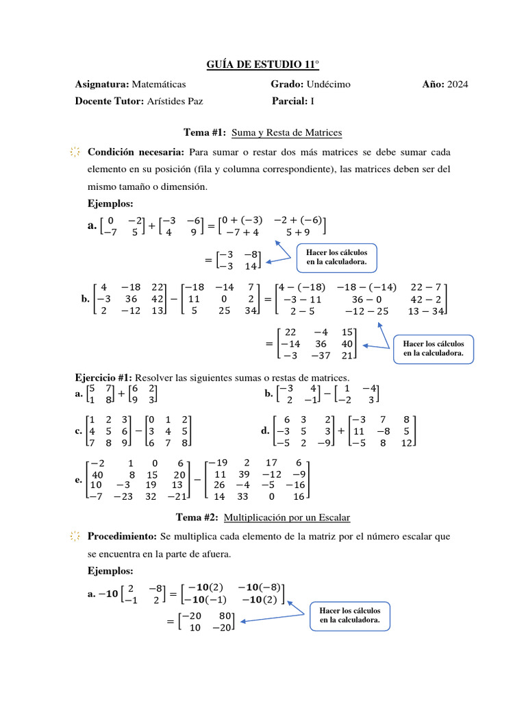 Guía de Estudio de Matemáticas 11° | PDF | Determinante | Matriz ...
