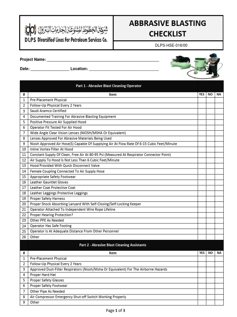 Abbrasive Blasting Checklist | PDF | Equipment | Manufactured Goods