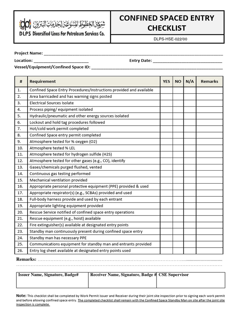 22. Confined Space Entry Checklist | PDF | Safety | Gases