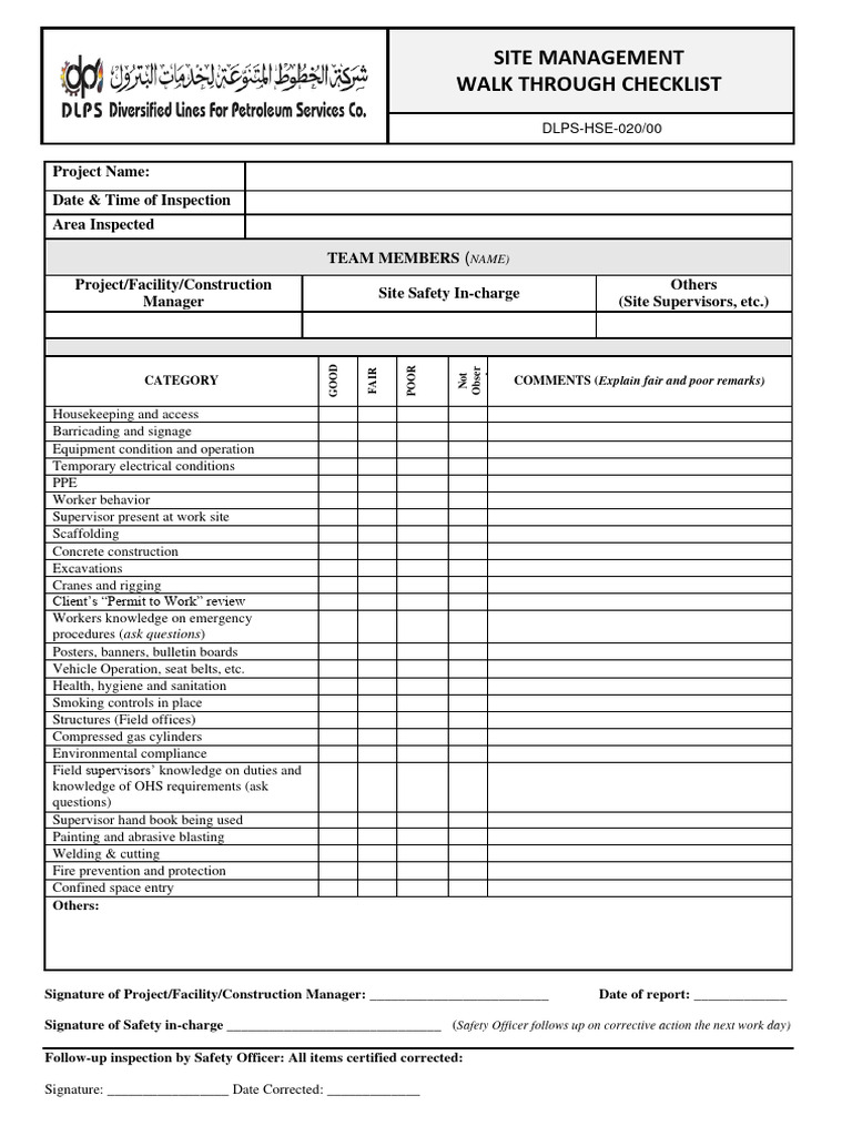 20. Management SIte Walkthrough Checklist | PDF