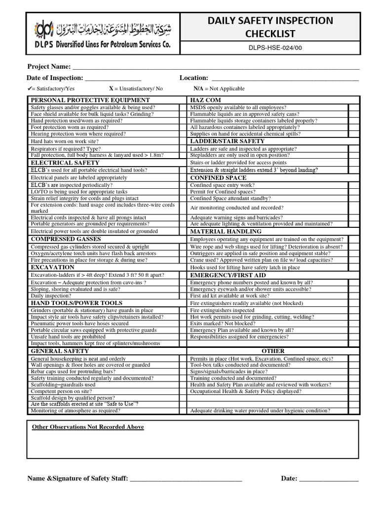 Daily Site Safety Inspetion Checklist | PDF | Occupational Safety And ...