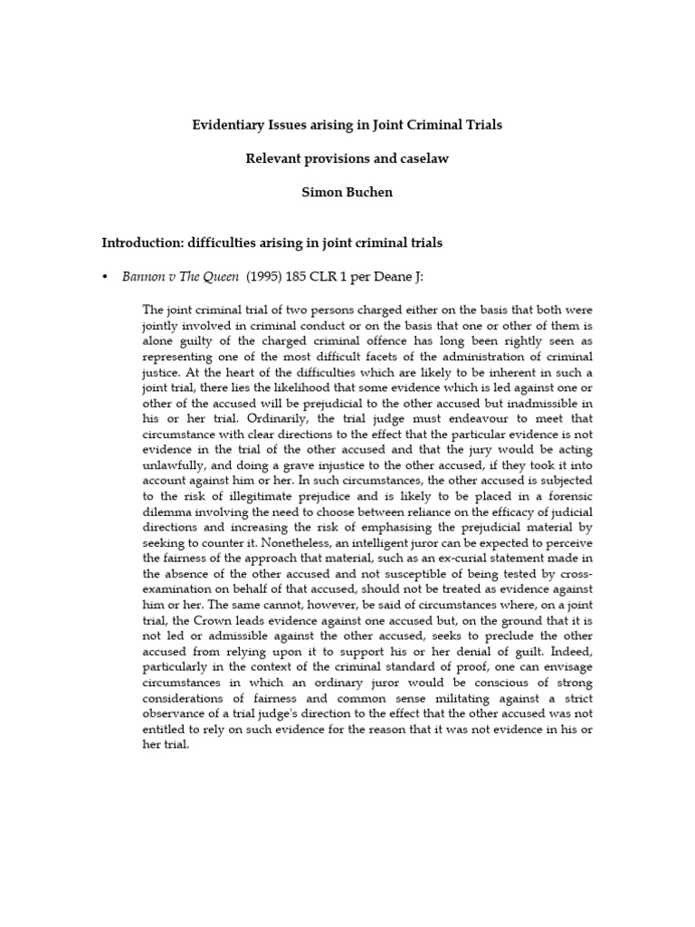 Evidentiary Issues Arising in Joint Criminal Trials | PDF | Hearsay ...