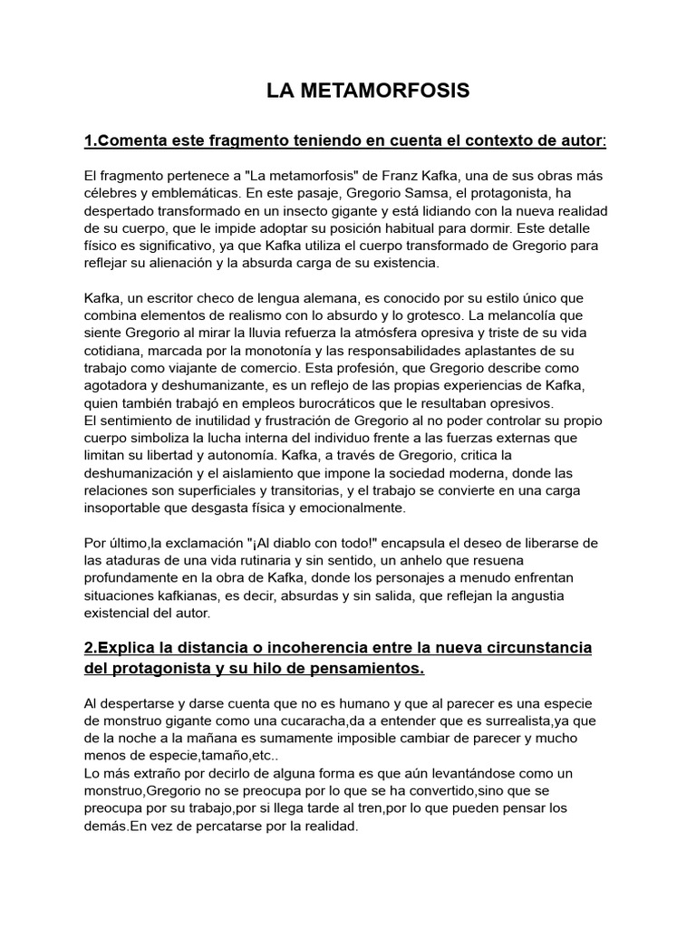 Análisis de "La metamorfosis" de Kafka | PDF | Franz Kafka | La ...