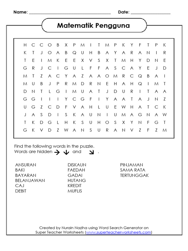 Matematik Word Search Worksheet | PDF | Puzzles | Word Puzzles