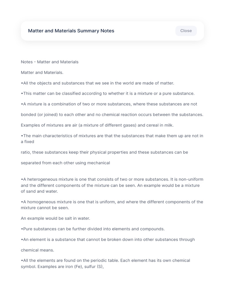Matter and Material Summary Notes | PDF | Chemical Substances | Mixture