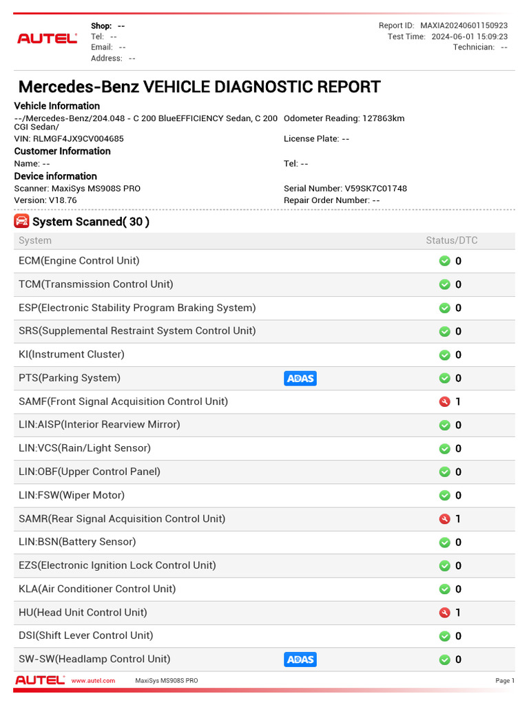 Mercedes-Benz Vehicle Diagnostic Report: System Scanned (30) | PDF ...