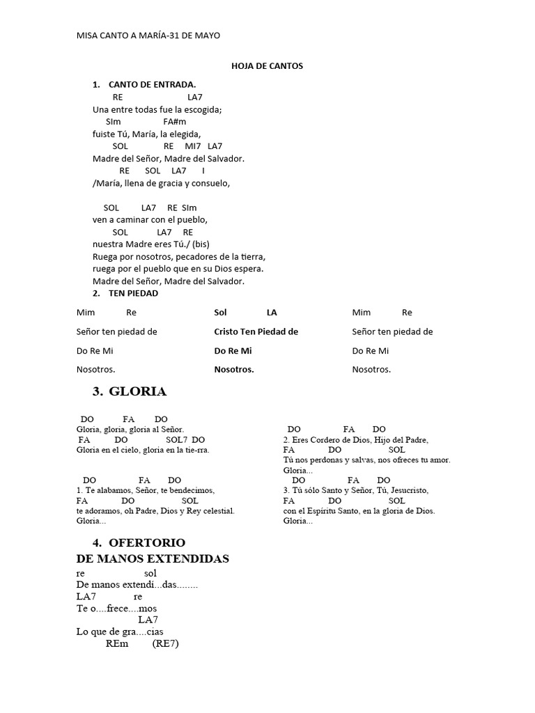 Hoja De Cantos Misa A Maria Mes Mayo Pdf María Madre De Jesús Cielo