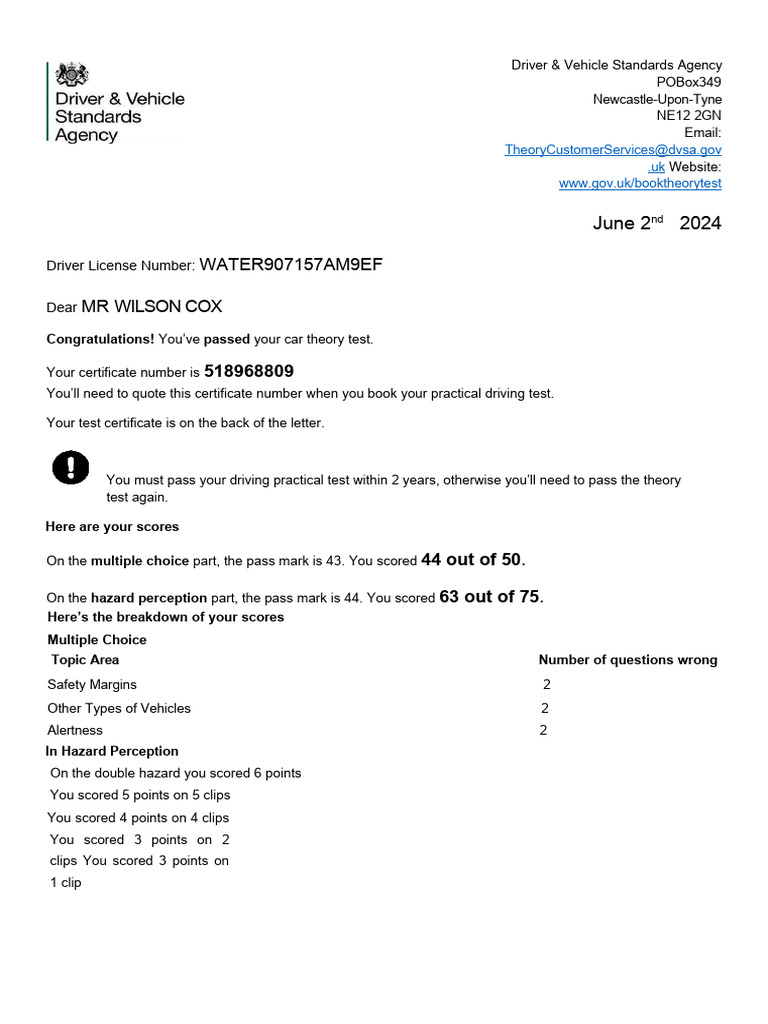 Passed Car Theory Test Certificate | PDF | Vehicle Operation | Road ...