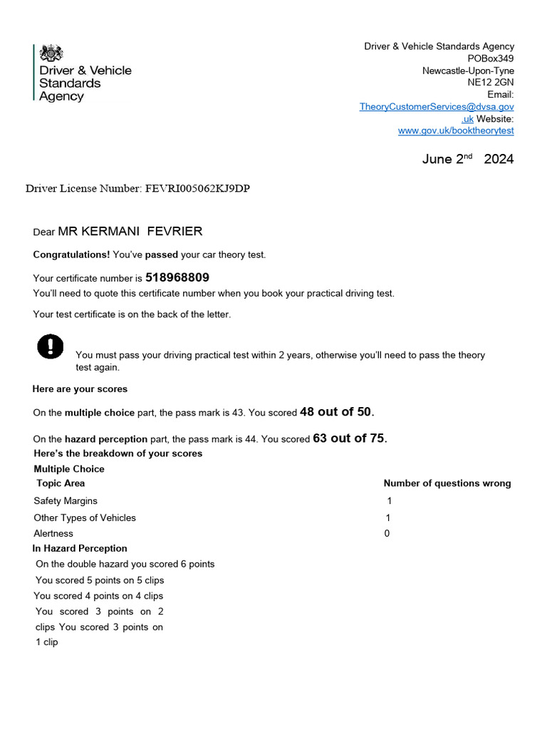 Theory Test Pass Confirmation Letter | PDF | Vehicle Operation | Road ...