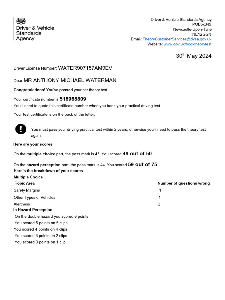 Car Theory Test Pass Certificate | PDF | Driver's License | Vehicle ...