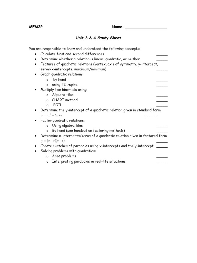 MFM2P Unit 3 & 4 Quadratic Study Guide | PDF